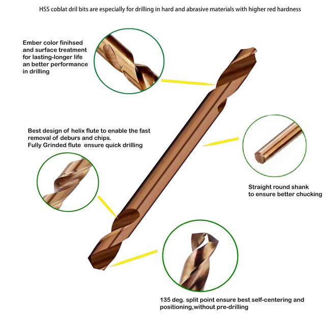 Close-up of double end HSS drill bit showing amber finish and cutting edges