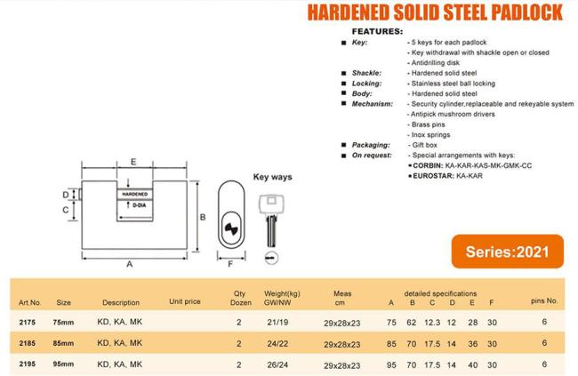 Hardened solid steel padlock - side view demonstrating robust design and tamper-resistant mechanism