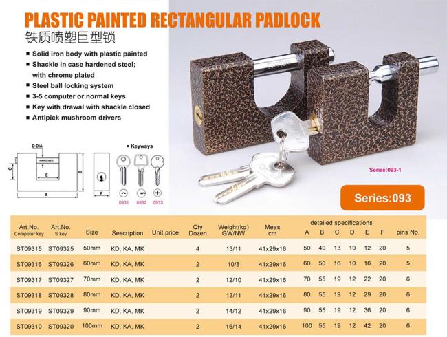 Plastic painted rectangular padlock product image showing design and construction details