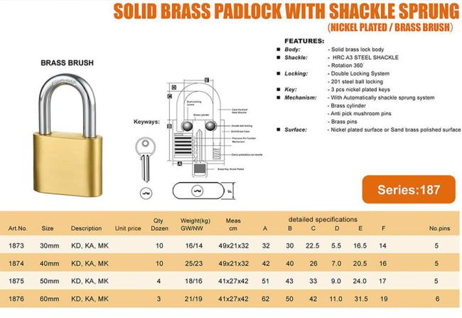 Solid brass padlock with shacklesprung mechanism in nickel plated and brass brush finishes