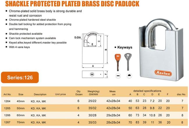 Shackle protected plated brass disc padlock - durable security lock with protective plating