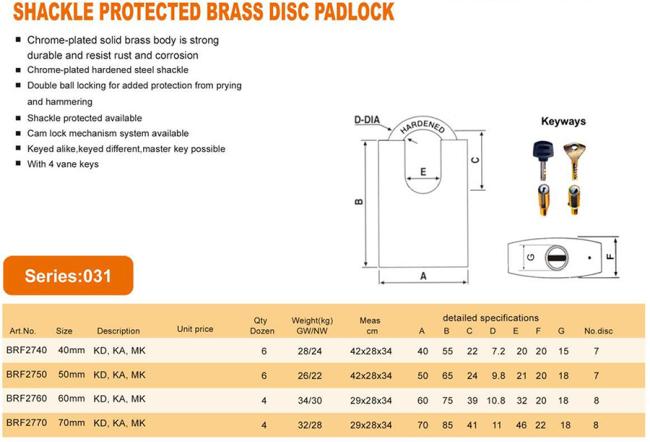 Shackle Protected Brass Disc Padlock - Professional security lock with disc mechanism and brass construction
