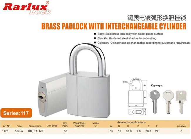 Professional brass padlock with interchangeable cylinder system