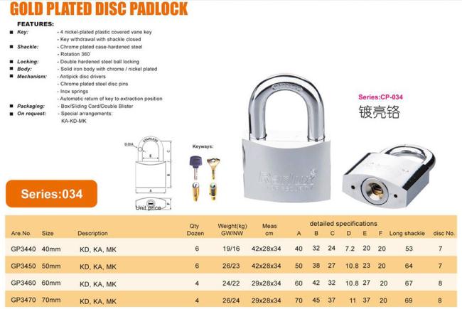 Gold plated disc padlock security product
