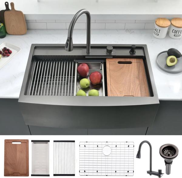 Quality New Arrival Farmhouse Kitchen Sink Ledge WorkstationDeep Single Bowl Stainless Steel Under Counter KitchenSink with Waterfall Faucet for sale