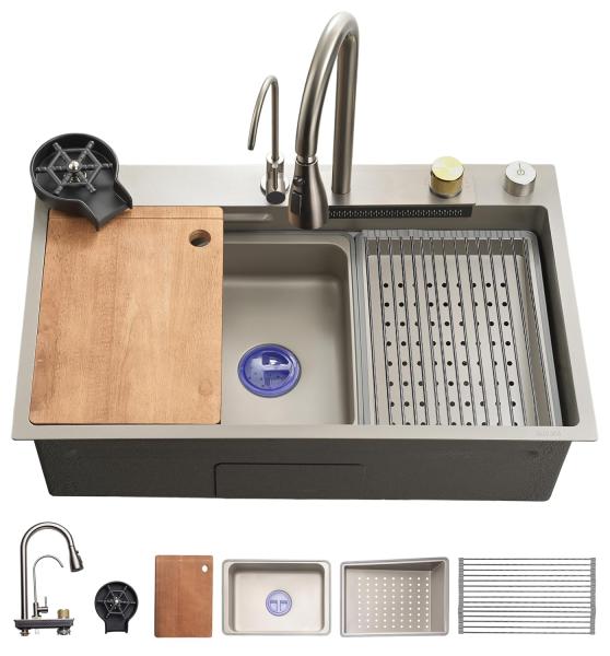 Quality Stainless Steel Nano Step Handmade Above Mount Waterfall Faucet Multifunction Single Bowl Kitchen Sinks for the Kitchen for sale