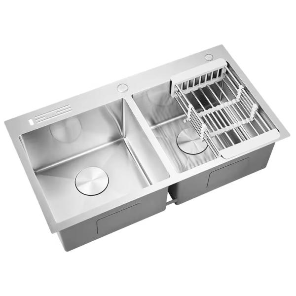 Quality Modern Double Rectangular Sink Above Counter Handmade 304 Stainless Steel Kitchen Sink With Colander for sale