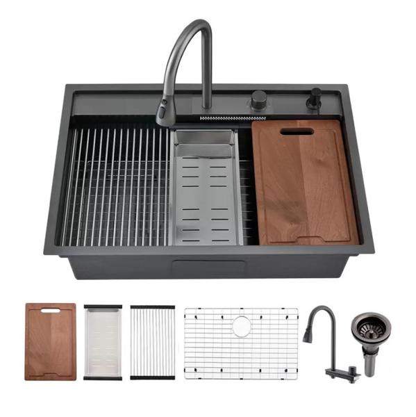 Quality Kitchen Furniture Workstation Black Undermount Farmhouse Single Bowl Apron Front Stainless Steel Kitchen Accessories for sale
