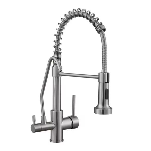 Quality Hot and Cold Stainless Steel Commercial 3 Way 3 in 1 Swivel Spring Spout Water Filter Purifier Pull Down RO Kitchen Faucet for sale