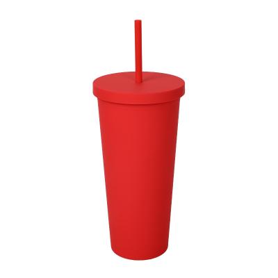 China 710ml de doble pared de plástico de tumbler a granel reutilizable delgado 24 oz de acrílico tumbler con tapa y paja para el agua café helado té fin de tacto suave en venta