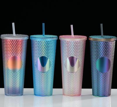 China DIY Studded Tumbler With Lid And Straw Reusable Plastic Acrylic Cup Double Walled Iridescent Travel Tumbler For Iced Coffee Cold Water Smoothie Wide Mouth Spill Proof for sale