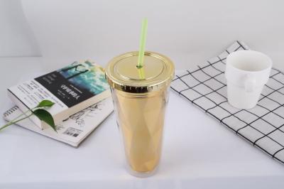 China 650 ml dubbele laag elektroplateerde plastic stro beker zomer met deksel transparante waterbeker creatieve sapbeker Te koop