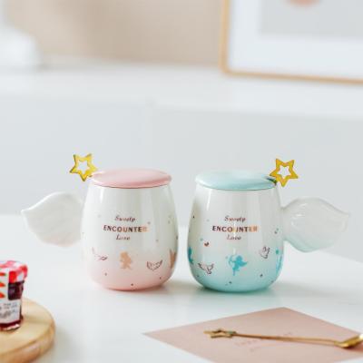 China Angel Wings Romantic Cupid Couple Cup Gradient Ceramic Cartoon mug with lid spoon for men and women flower tea cup for sale