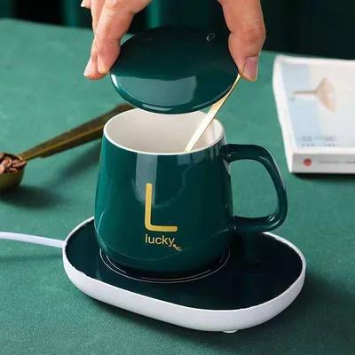 パーソナライゼーション スタイリッシュ 420ml セラミック エスプレッソカップ 蓋とハンドルと加熱ベースのセラミックコーヒーカップ 420ml USB駆動 可変色デザイン