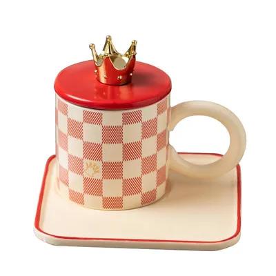 China Elegant Ceramic Mugs With Golden Crown Accents Vibrant Checkered Patterns Red White For Luxurious Coffee  Tea Rituals for sale