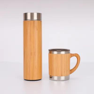 China 500ml Custom Logo Bamboo Fiber Wooden Drinking Bottle With Filter Cup Vacuum Flasks Water Bottle With Bamboo Lid Tea Infuser for sale