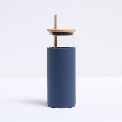 China Clear Color Portable Sturdy Silicone Covered Glass Water Bottle Glass Drinking Tumbler With Straw And Bamboo Lid Customized Logo Stylish Design for sale