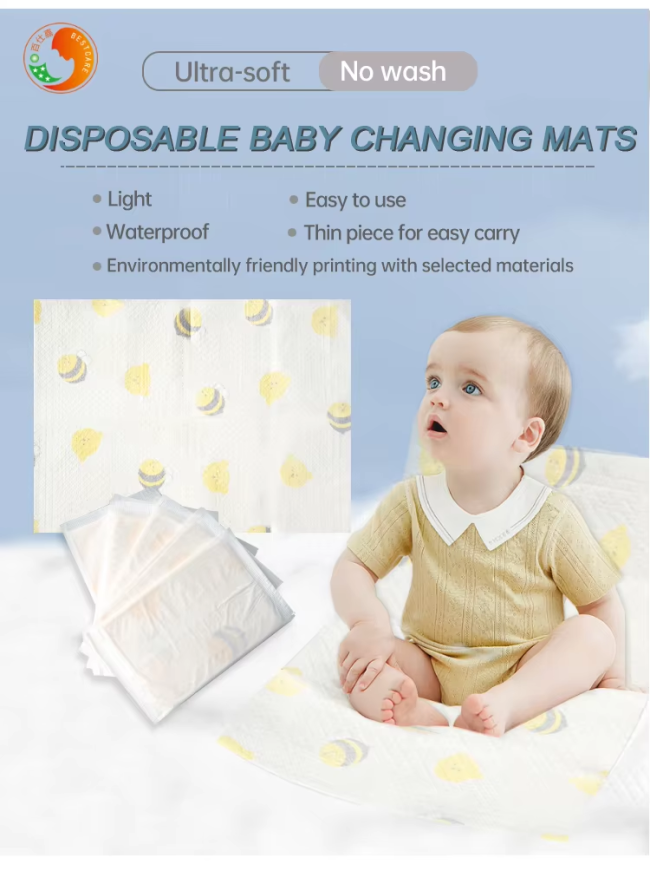 Disposable nappy mat showing absorbent layers and waterproof backing