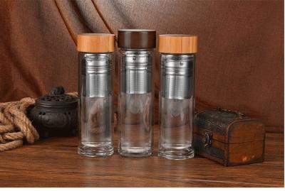 China Eco Friendly Double Wall Glass Water Bottle Bamboo Lid For Children Drinking for sale