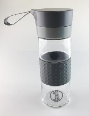 China 370ml Grey Color Glass Drinking Bottles, Glass Sports Water Bottle Two Layer Lid for sale