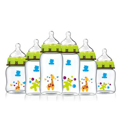 China 330ml High Borosilicae Baby Glass Wter Bottle With Silicone Teat Logo Printing for sale