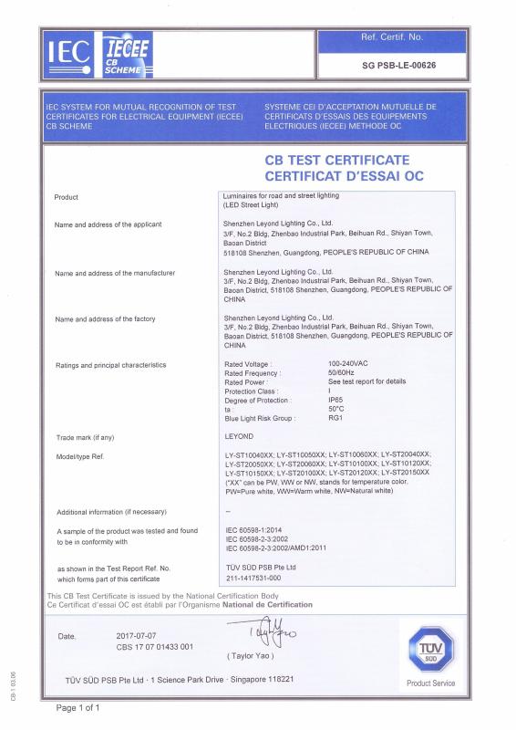 CB Certificate - Shenzhen Leyond Lighting Co.,Ltd.
