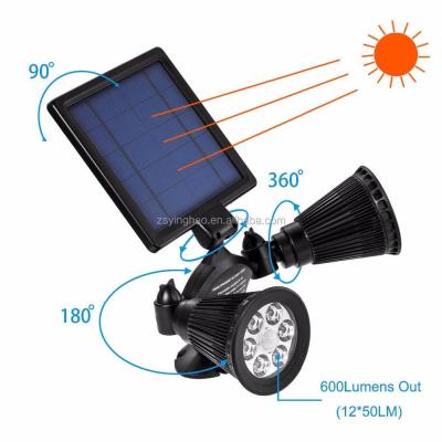 China Zonne-energie-aangedreven dubbele kop geüpgraded dubbele schijnwerpers 12 LED buitentuin licht Te koop