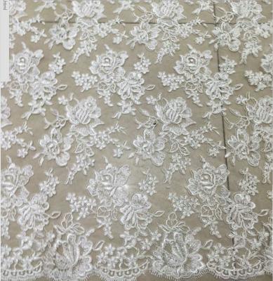China Apparel Accessories Mesh Based Embroidery Lace Fabric Ivory Color for sale