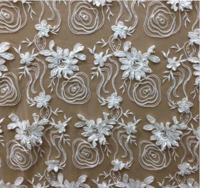 China Apparel Accessories Mesh Based  Embroidery with Bead  Lace Fabric  Ivory Color for sale