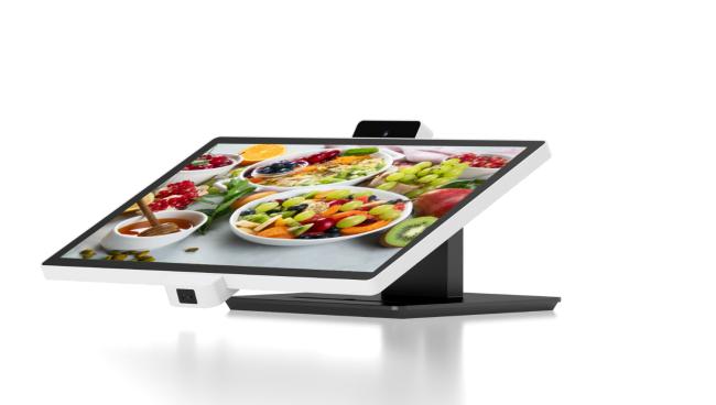 Side angle view of kiosk demonstrating adjustable screen positioning