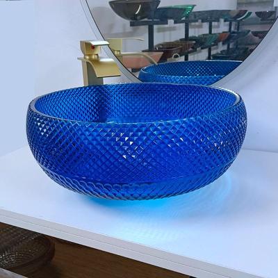 Cina Vetro rotondo a 16,5 pollici di progettazione della ciotola di vetro blu italiana del lavandino sopra il contro bacino in vendita