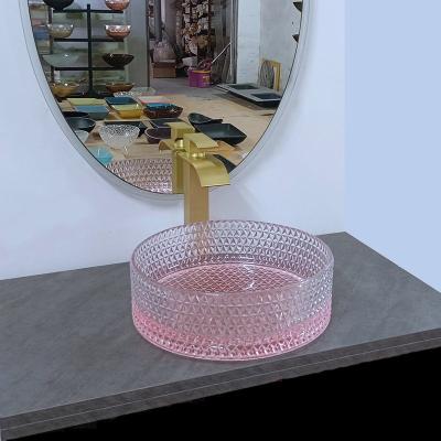 China Pink Bottom Round Glass Sink Bowl Bathroom 15 Inch Height 15.8 Inch for sale