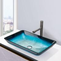 China Gradient Blue Tempered Bath Wash Basins Glass Bowl Rectangular Table Top Solid for sale