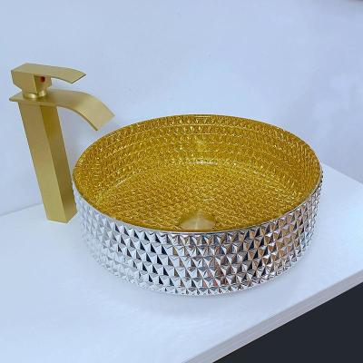 China El oro Shinning Crystal Glass Wash Basin Cylindrical forma fregaderos del buque del cuarto de baño en venta