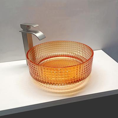 China Het Schipcountertop van Crystal Glass Wash Basin Decorated van de Orangerkleur Badkamersgootsteen Te koop