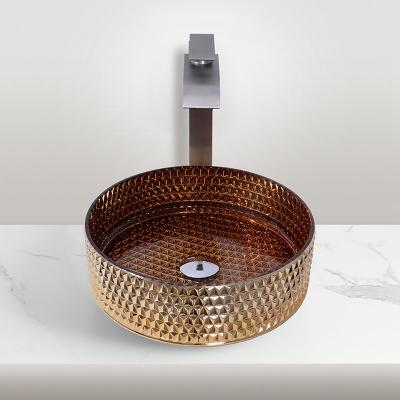 China Lavatório de vidro montado na bancada da cozinha em revestimento galvanizado cor de ouro britânico à venda