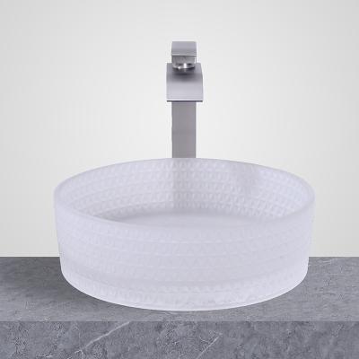Cina Lavabo in vetro a forma di cilindro con scarico centrale Posizione bacini in vetro acidato opaco in vendita