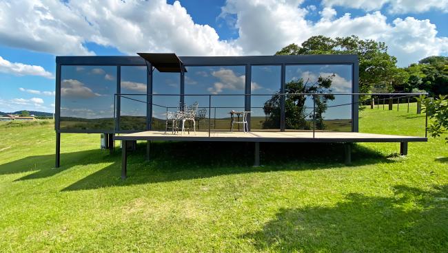Interior view of modular house showing spacious living area