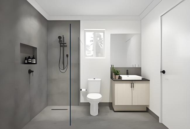 Construction site showing modular house assembly process