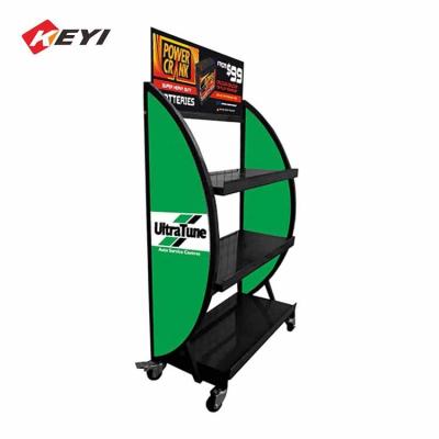 China Custom graphics 3 tier floor Car Battery Stand with 4 Caster wheel for sale