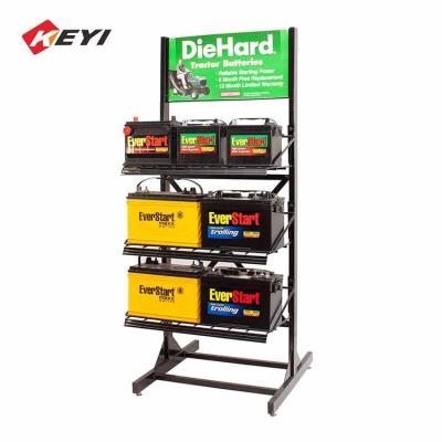 China Black Powder Coated 3 tier metal Display shelf Car Battery Rack stand with PVC AD board for sale