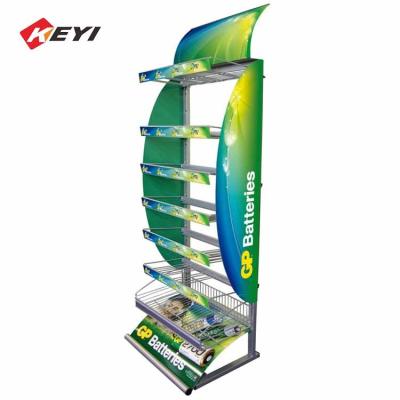China Retail Shop Metal Hanging Stand Floor Battery Display Rack With Hooks for sale