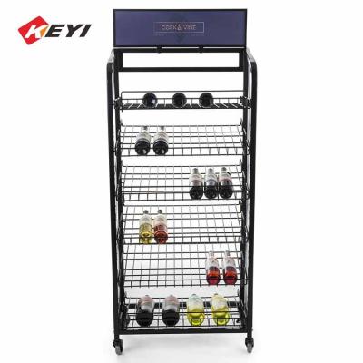 China Portable Floor Bottle Stand 6 Tier Metal Wire Wine Display Rack With Caster for sale