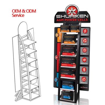 China Custom High Quality Floor Standing Metal Car Battery Stand Battery Display Rack for sale