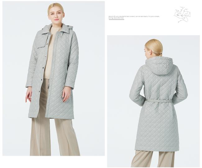 Side view of light green mid-length coat with belt