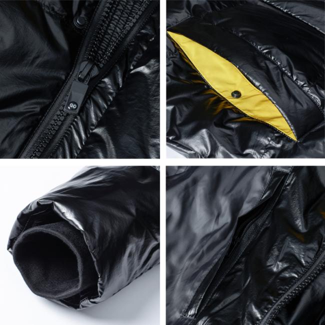 Bright silver waterproof puffer jacket front view