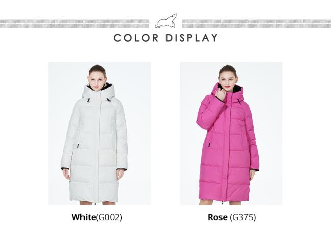 Rose White Long Womens Puffer Coat showing both color options