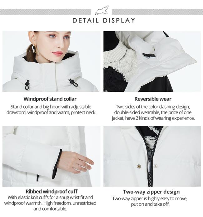 Detailed view of Rose White Long Womens Puffer Coat features
