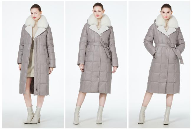 Knee-length down jacket front view with fox fur collar