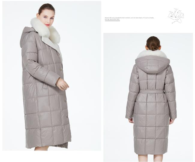 Down jacket side view showing length and belt detail